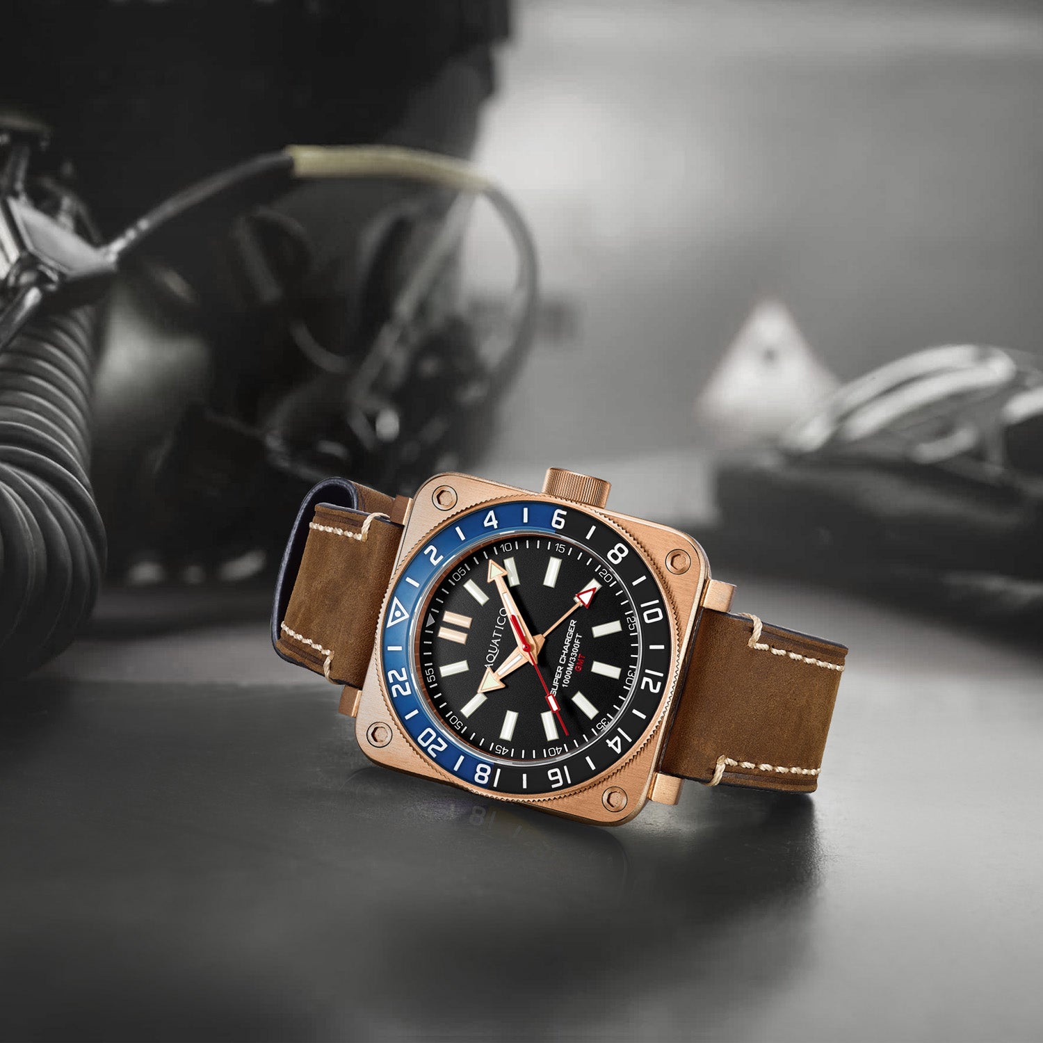 Aquatico Super Charger GMT Watch (Black Dial Batman Bezel) NO DATE